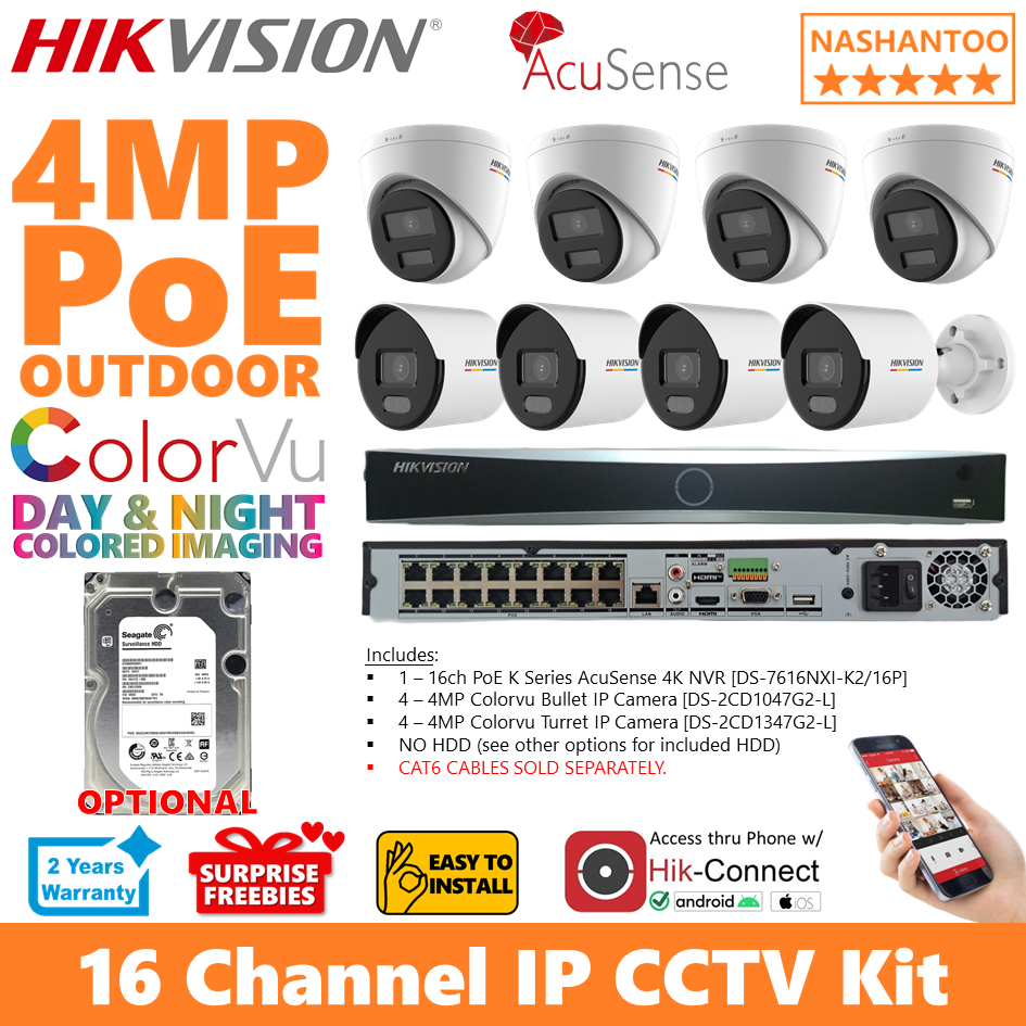 Hikvision 16CH 4MP Colorvu PoE 8Cameras Outdoor DIY IP CCTV Package Kit ...