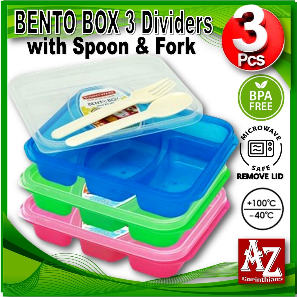 3 pcs-Sunnyware Bento Box 3 Divisions Lunch Box w/ Spoon Fork | Shopee ...
