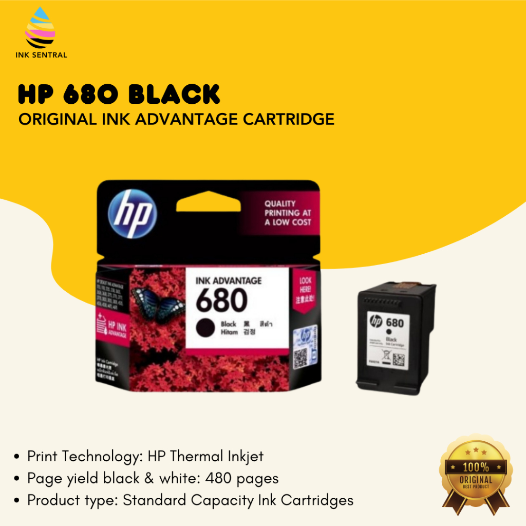 HP 680 Black Original Ink Advantage Cartridge for use in HP Deskjet Ink ...