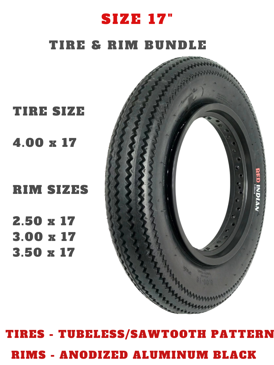 RED INDIAN SET TIRE 4.00-17 TUBELESS CLASSIC SAWTOOTH & ALUMINUM RIM ...
