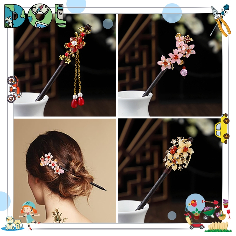 Wooden Handmade Hairpin Chinese Style Flower Tassel Coil Long Hairpin ...