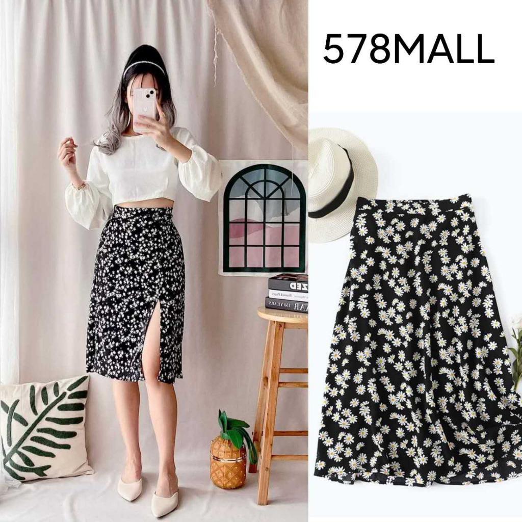 578MALL Casual Floral Print Soft Split Women Midi Skirt With Slit ...