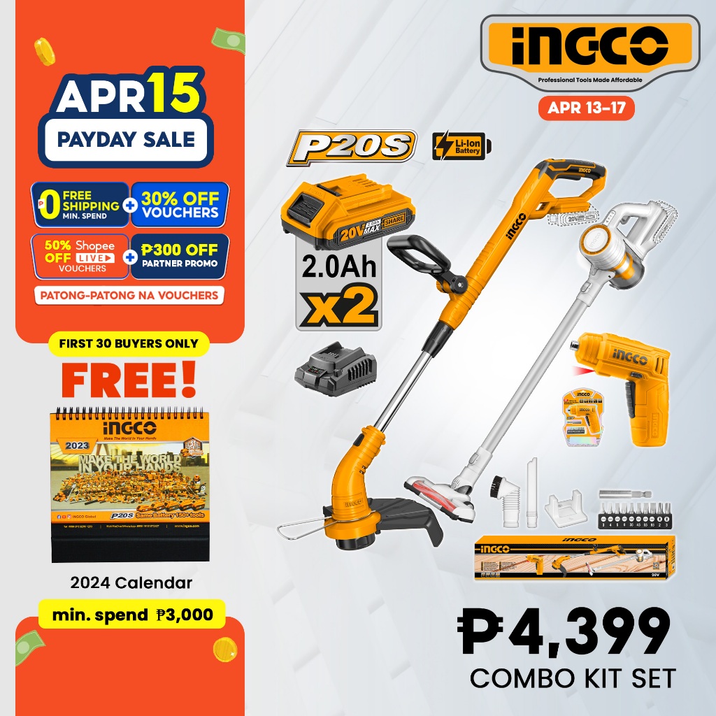 Ingco Li-Ion 3Pcs Combo Kit Set Cordless Grass Trimmer Vacuum Cleaner ...