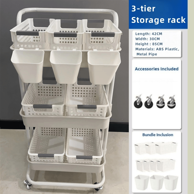 3 Tier Multi-functional Plastic Tray Trolley Rack with Handle Storage ...
