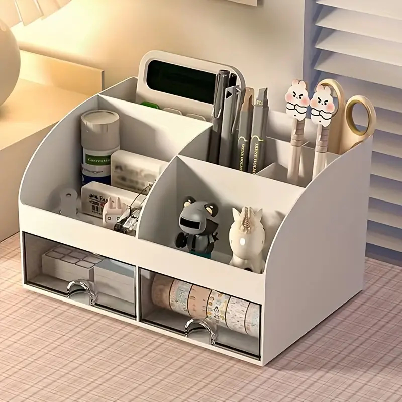 Office Desk Storage Box With 2 Drawers Plastic Desktop Pen Holder for ...