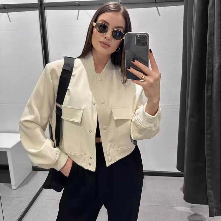 Kinwoo Cropped Varsity Jacket For Women With Side Pockets | Shopee ...