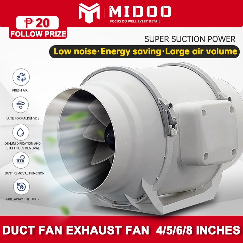 MIDOO Exhaust Fan 4"/ 5"/ 6"/ 8"inch High Suction Power Inline Duct ...