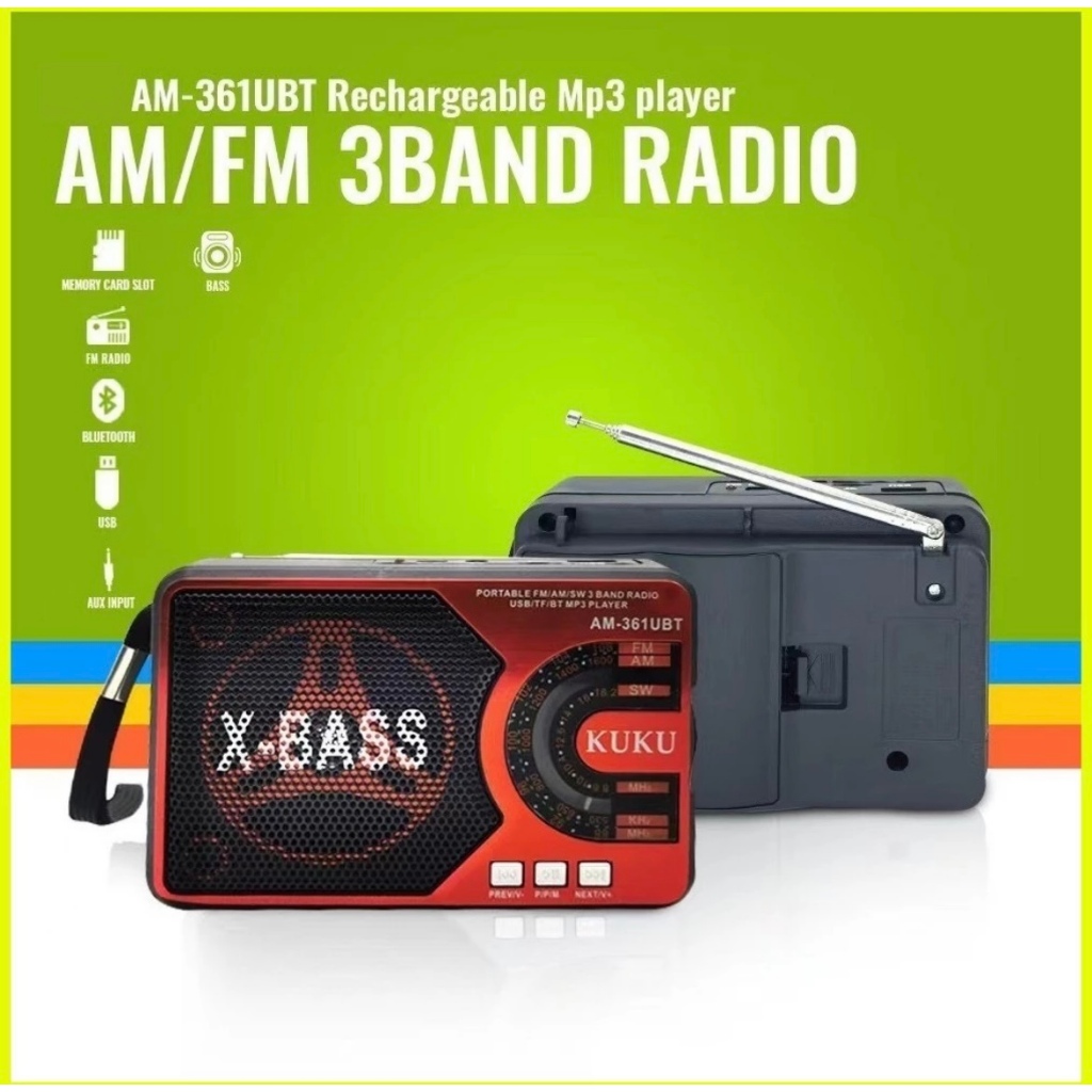 KUKU XBASS AM-361UBT Rechargeable Portable Radio FM/AM/SW 3 BAND RADIO ...