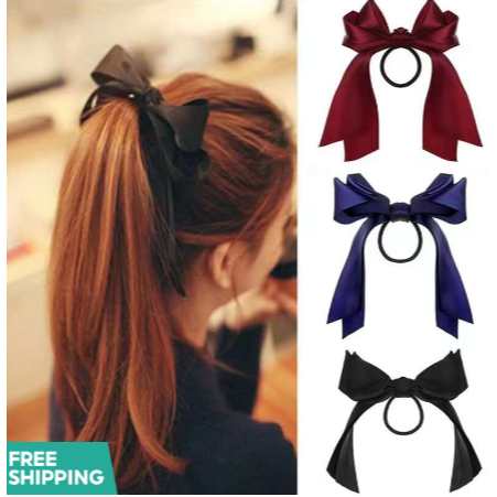 Rich Korean Ribbon Bow Double Layer Satin Hair Tie Hair Band | Shopee ...