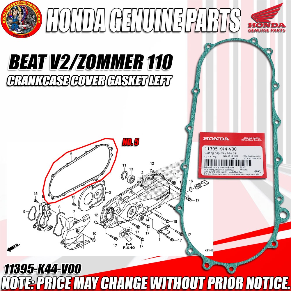 BEAT V2/ZOMMER 110 CRANKCASE COVER GASKET LEFT (HPI) (GENUINE: 11395 ...