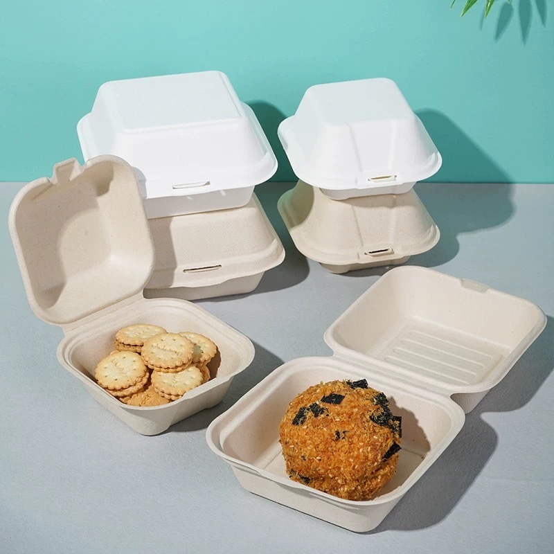 50pcs Sugarcane Bento Cake box / Hamburger Box Clamshell 6inch white ...