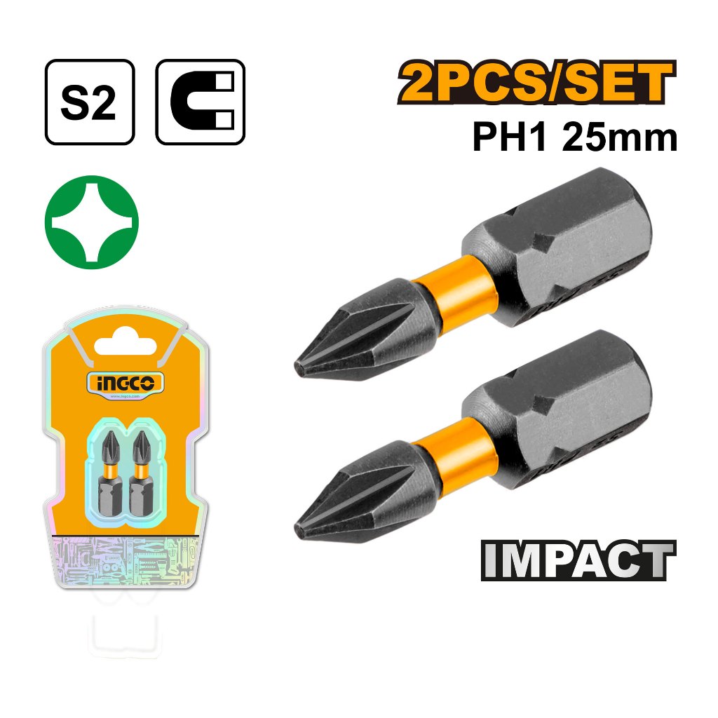 Ingco 2pcs/Set PH1/PH2/PH3/SL4 Impact Screwdriver Bits Black surface with magnet -TFM- HT2 ...