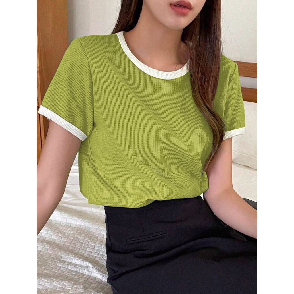 Angelcity Contrast Binding Round Neck Tee Full Length T Shirt Korean ...