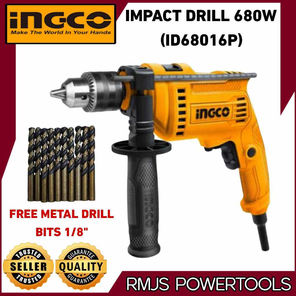 INGCO Impact Drill 680w (ID6808P) With 10 pcs. Metal Drill Bits 1/8 ...