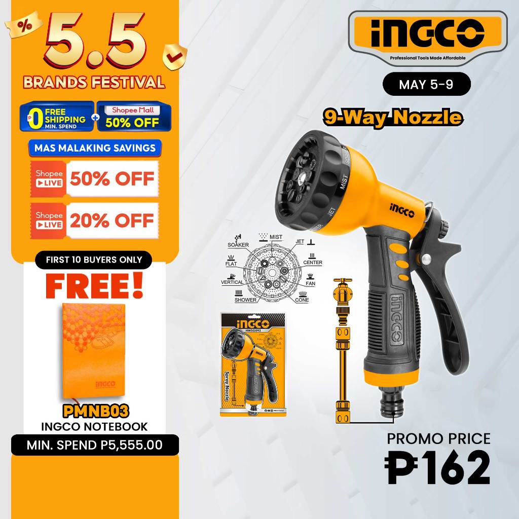 Ingco Plastic Trigger Nozzle 9 Pattern Way Water Spray Garden Hose Gun ...