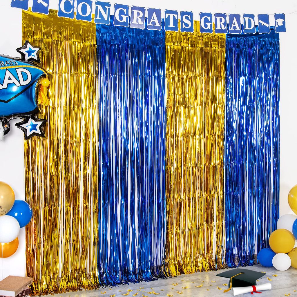 2 Pack Blue and Gold Rain Silk Foil Curtain Graduation Party Decor ...