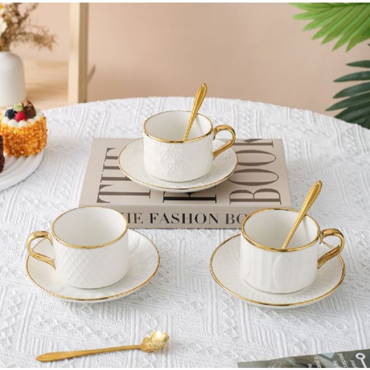 CKS Royalty Embossed Design Ceramic Coffee Cup and Saucer White with ...
