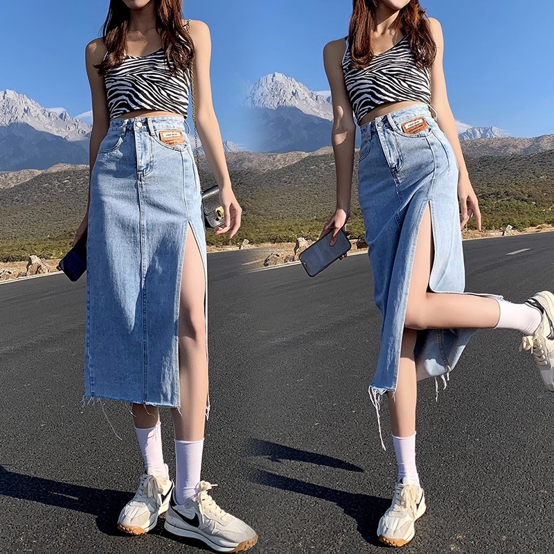 Plus Size Retro Blue mermaid long skirt denim for women high waist ...