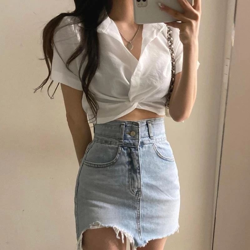 women polo button down crop top twist tie belly retro lapel short sleeves summer korean bangkok ...