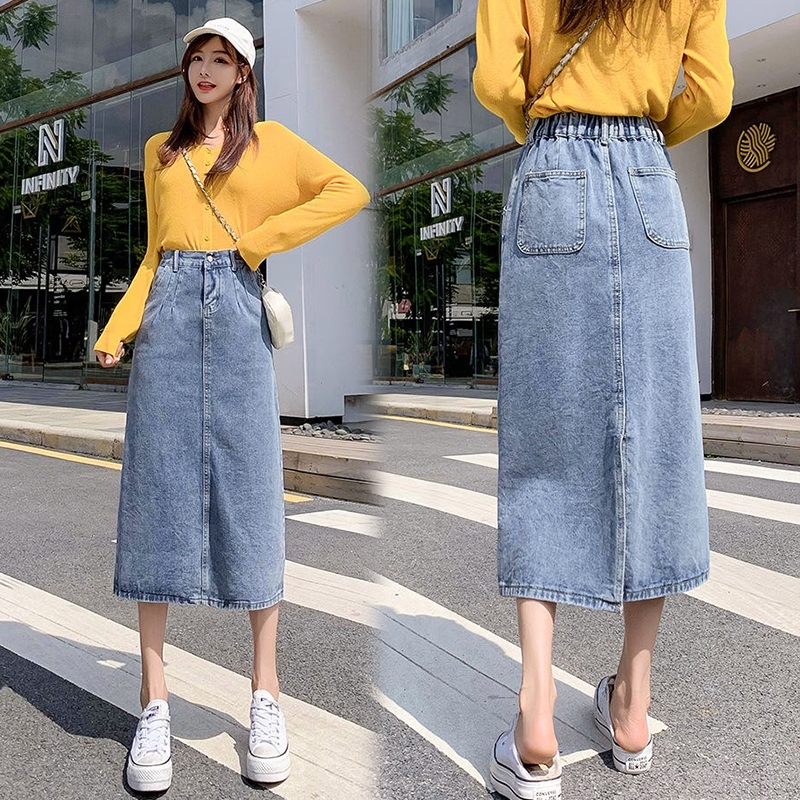 Plus size High slit long denim skirt for women High Waist jeans ...