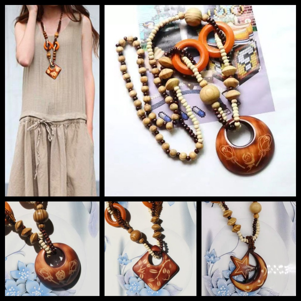 Wooden retro long bohemian necklace Circular Star Moon travel style ...