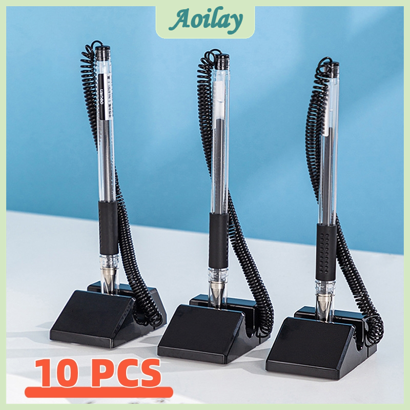 10pcs 0.5/0.7 Black Tabletop Pen Counter Pen Desk Pen with String Stand ...