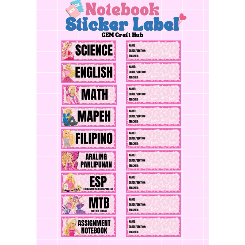 GEM Notebook Subject and Name Sticker Label GRADE 1 TO 6 | Shopee ...