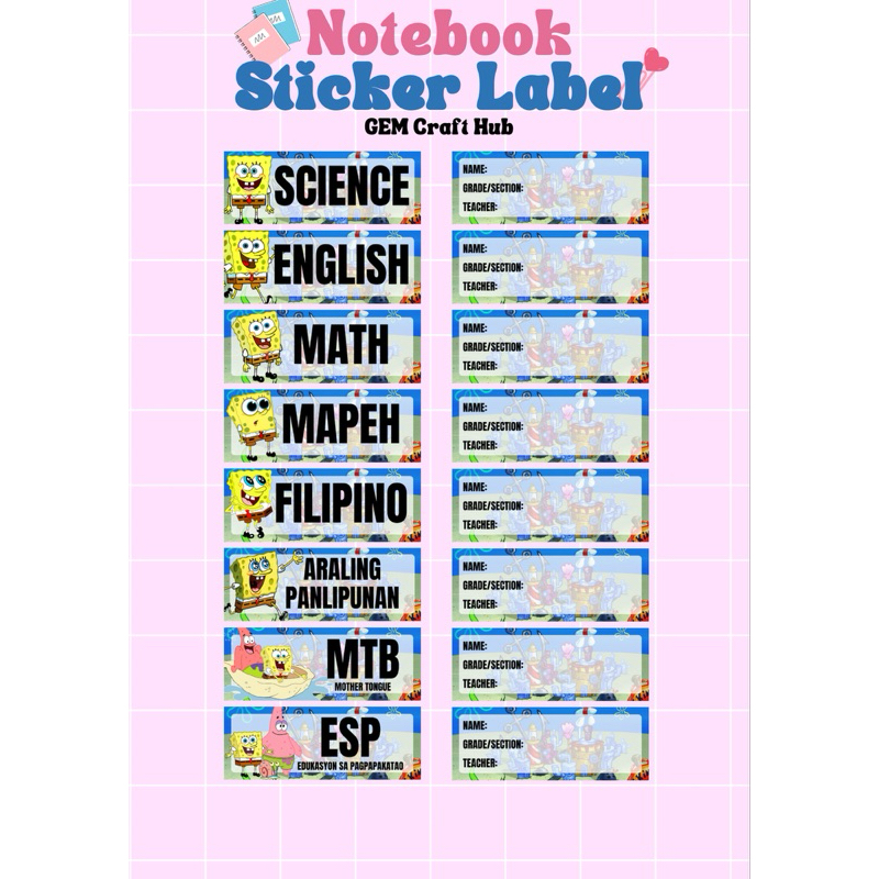 GEM Notebook Subject and Name Sticker Label GRADE 1 TO 6 | Shopee ...