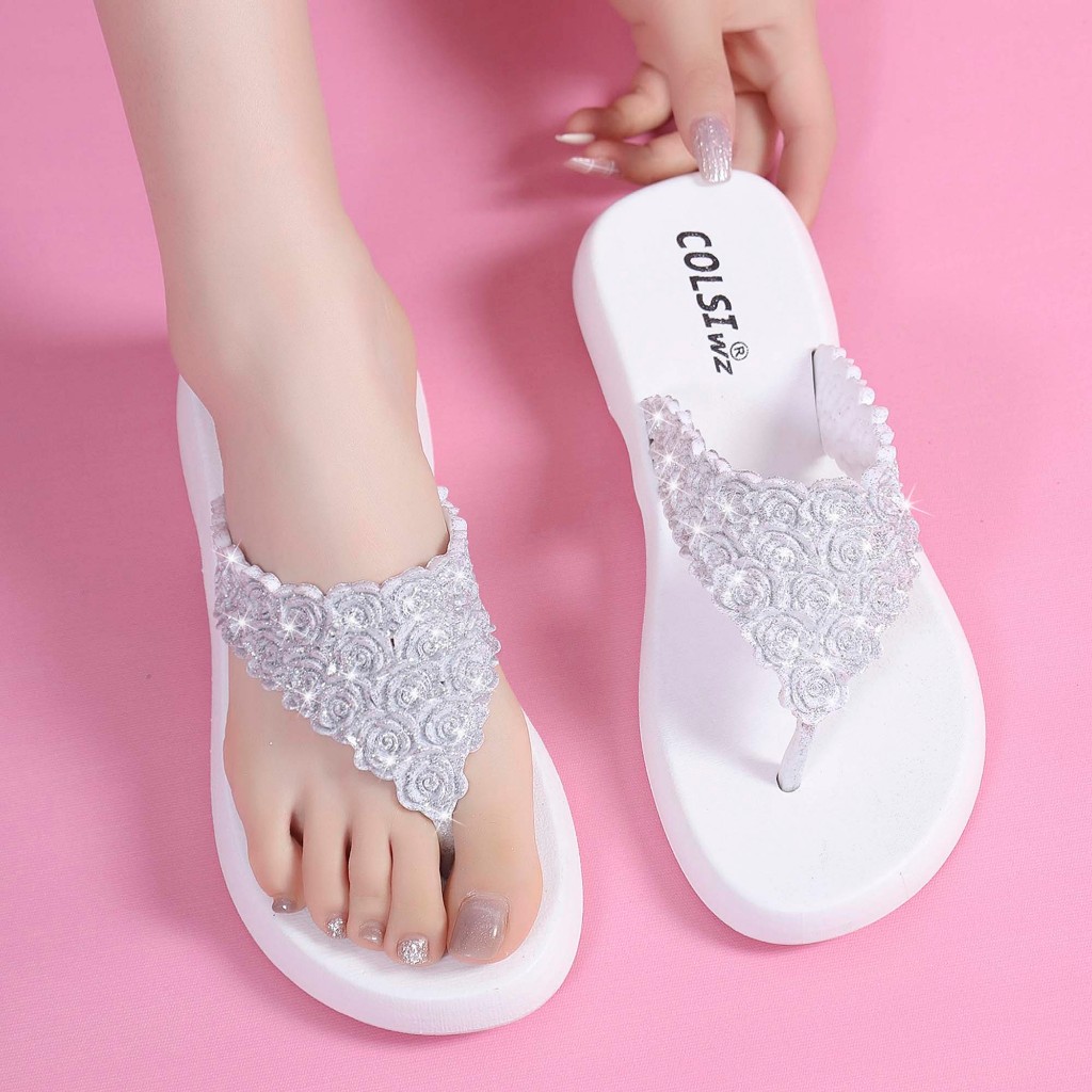 【S&S】Fashionable Glitter Flower Slippers #9026-2 Size(36-40)Comfortable ...