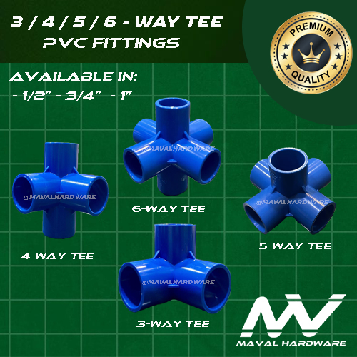 PVC Blue Fittings: 3-Way, 4-Way, 5-Way, 6-Way Tee; 1/2" (20mm) , 3/4" (25mm), 1" (32mm) | Shopee ...