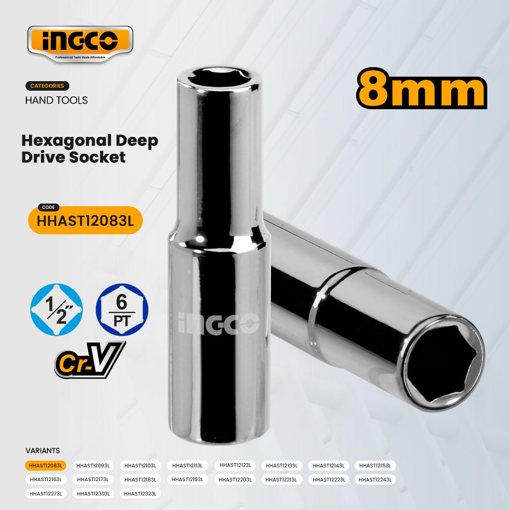 Ingco 1/2" Hexagonal Deep Drive Socket 6pt CR-V Black Nickel Plated ...