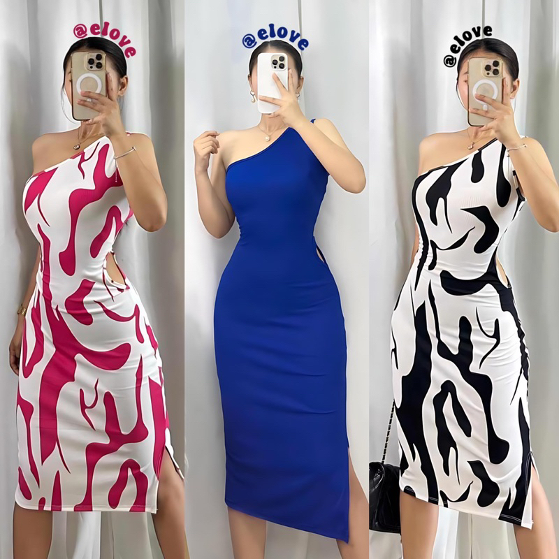 E♡ AMIRA DRESS MIDI ONE SIDE STRAP FITTED BODYCON FOR WOMEN FEMALE ...