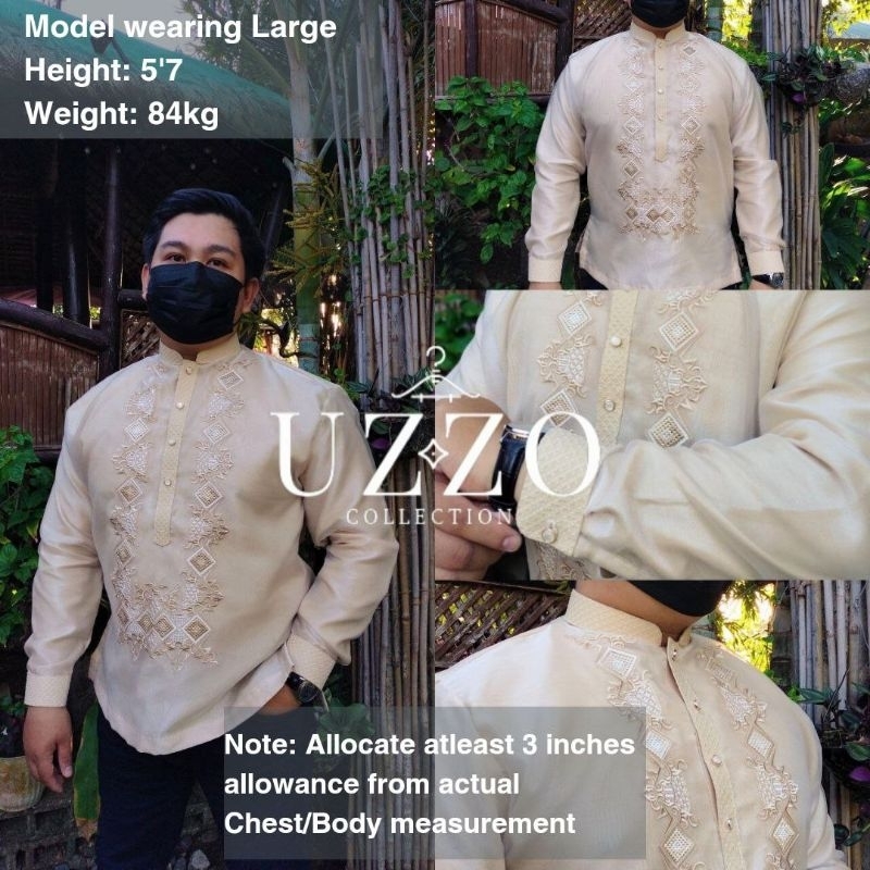 UZZO Beige Modern Barong Tagalog with Lining Embroidered Collar and ...