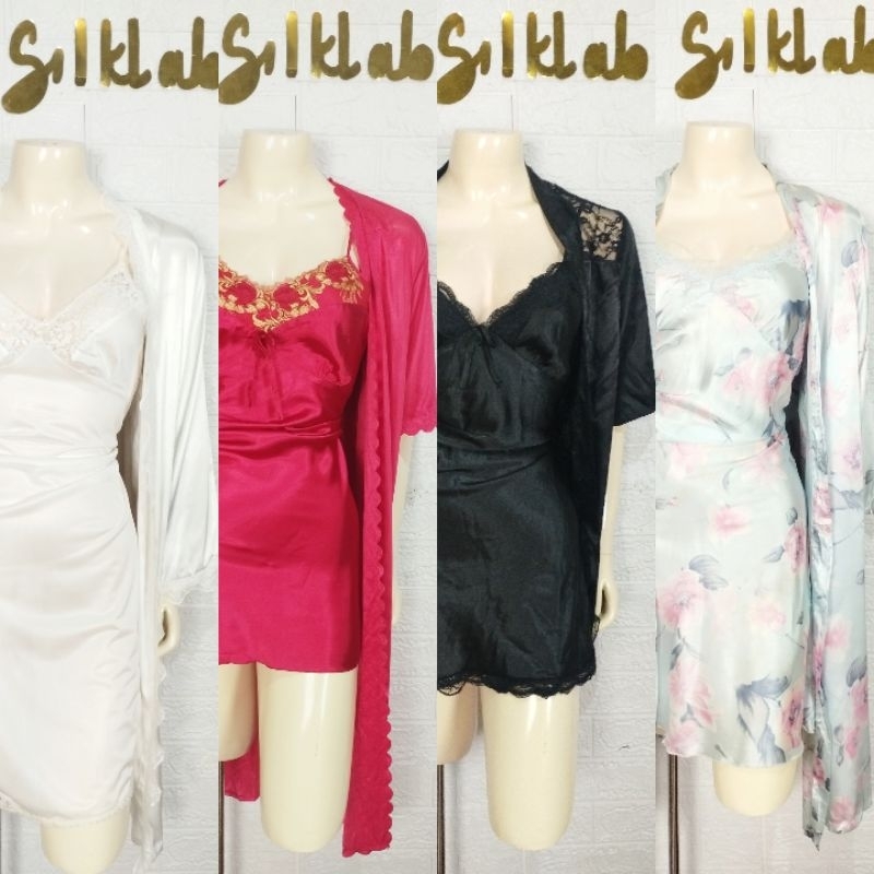 Preloved/ Thrifted/ Ukay Silk Satin Sleepwear Dress terno with Robe | Shopee Philippines
