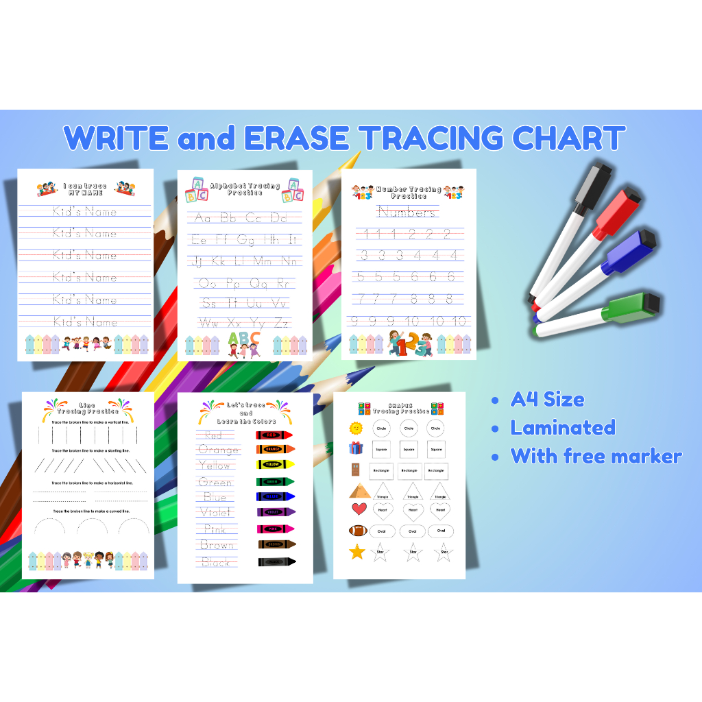WRITE & ERASE CHART WITH FREE MARKER / A4 SIZE LAMINATED / EDUCATIONAL ...