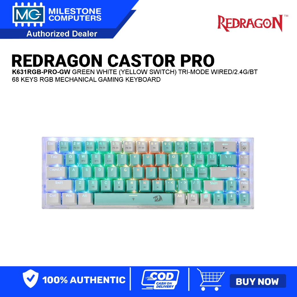 Milestone Computers | Redragon Castor Pro K631 White Green RGB Wireless Mechanical Gaming ...