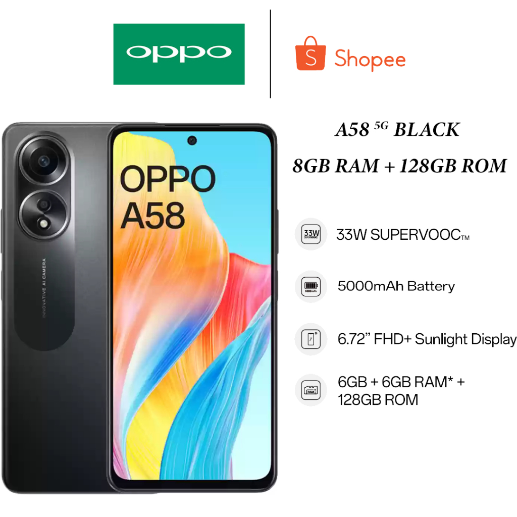 Original OPPO A58 5G BLACK 33W | 5000mAh Long-Lasting Battery | FHD+ ...