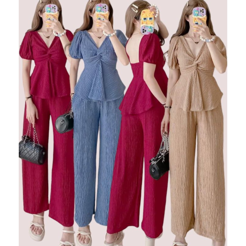BKK BANGKOK PEPLUM TWISTED TOPS AND WIDELEG PANTS Terno WITH TWO POCKET ...