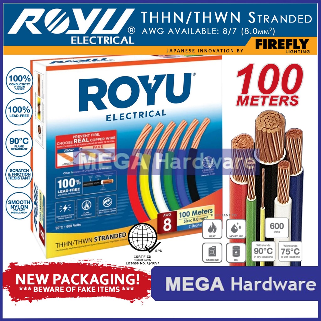 ROYU THHN/THWN-2 7 Stranded Wire #8/7 (8.0mm²) 100 meters per roll per ...