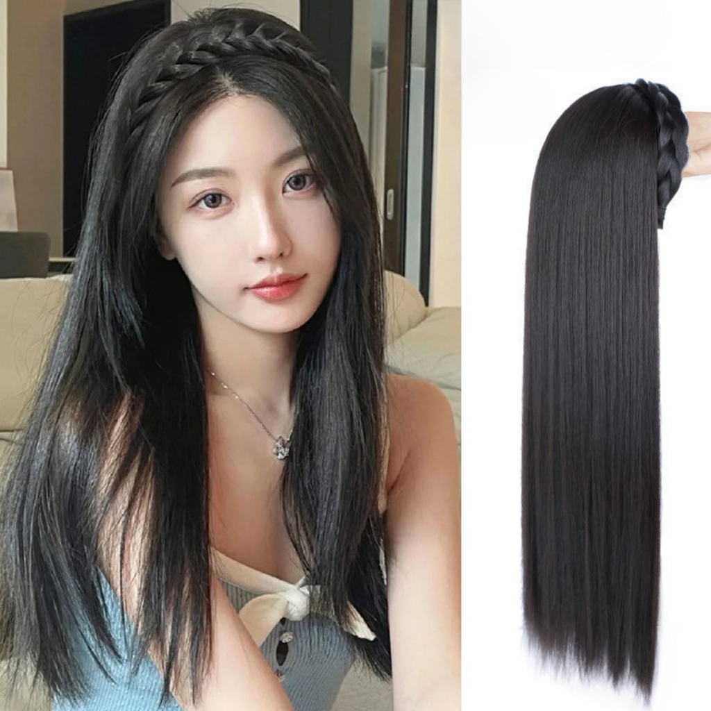 Woman's Twist Braid Headband with Wig Extension Hairpiece Long Straight ...