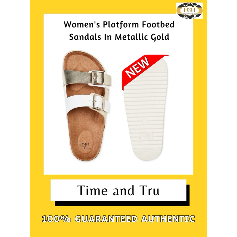 USA Authentic Time and Tru Womens Footbed Sandals in Metallic Gold ...