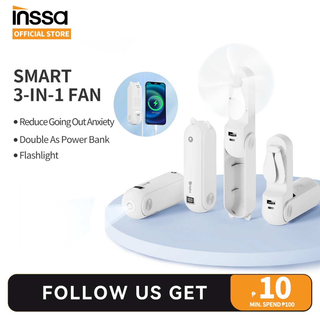 INSSA x Simplus Smart Small Fan Handheld USB Electric Fan Portable Foldable 3 Speed Levels ...