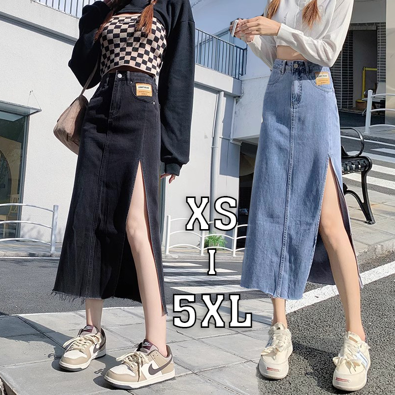 XS-5XL~Long black skirt with slit denim palda Korean highwaist A-line ...