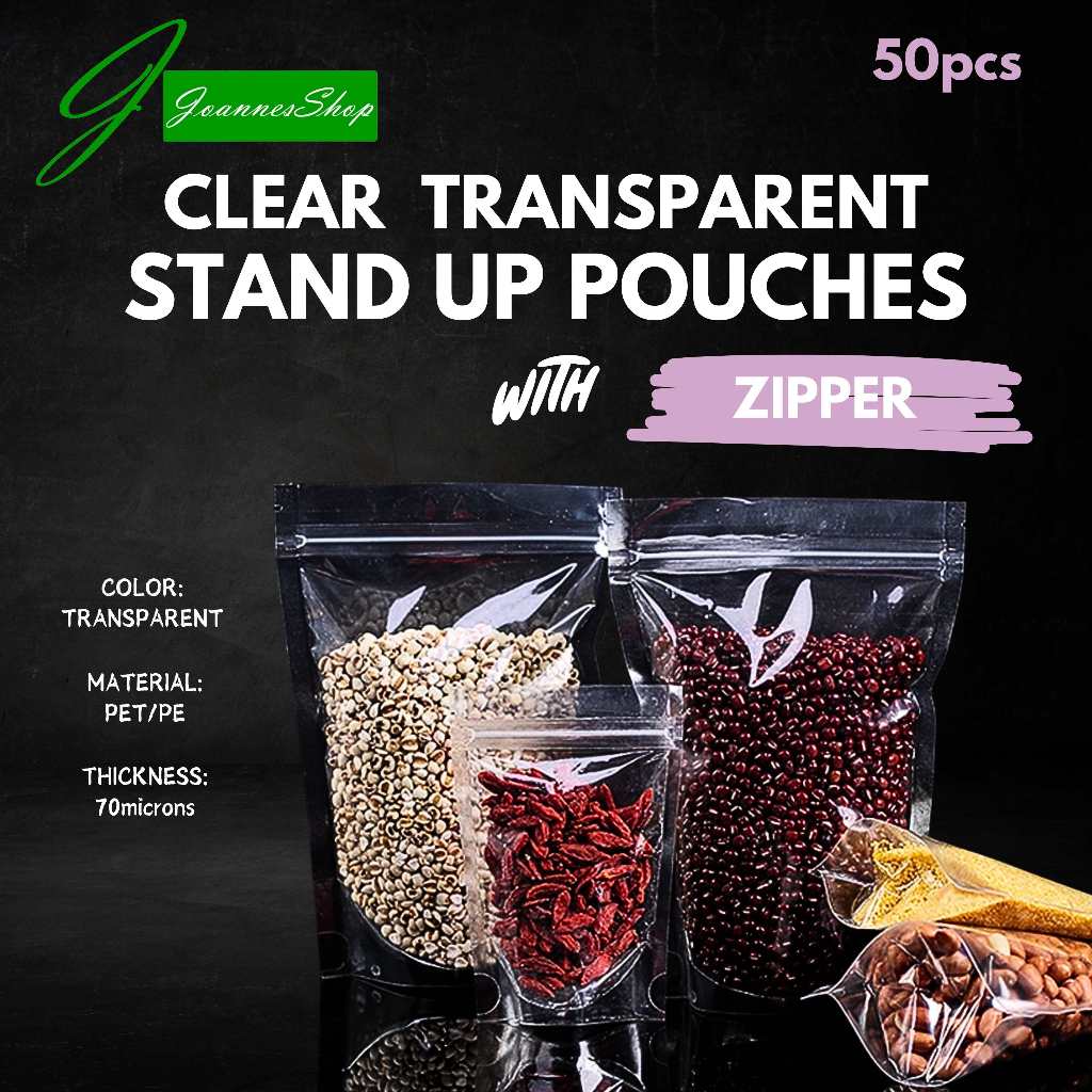 50-PCS CLEAR TRANSPARENT STAND UP POUCHES WITH ZIPPER - FOOD GRADE ...