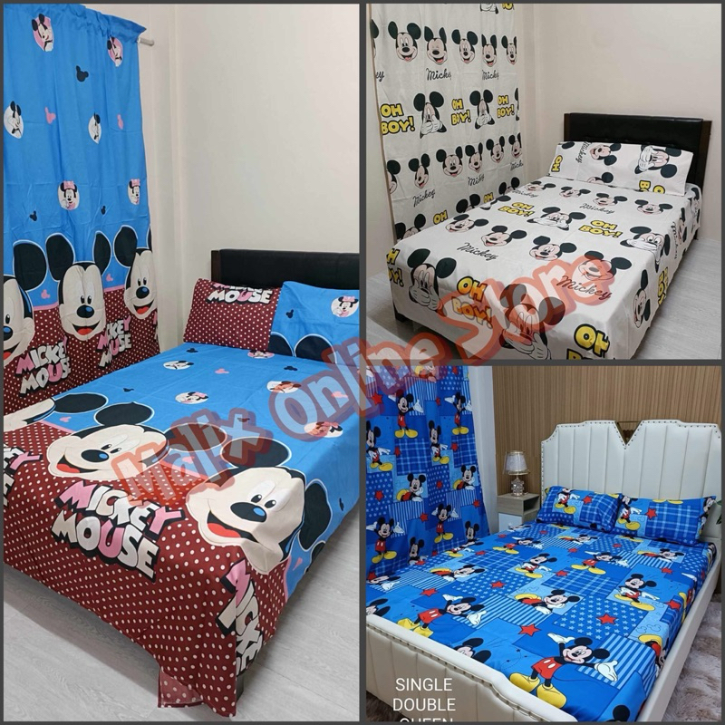 Mickey Mouse 3 in 1 Set Canadian Cotton Bedsheet 2 Pillowcase 1 Bedsheet | Shopee Philippines