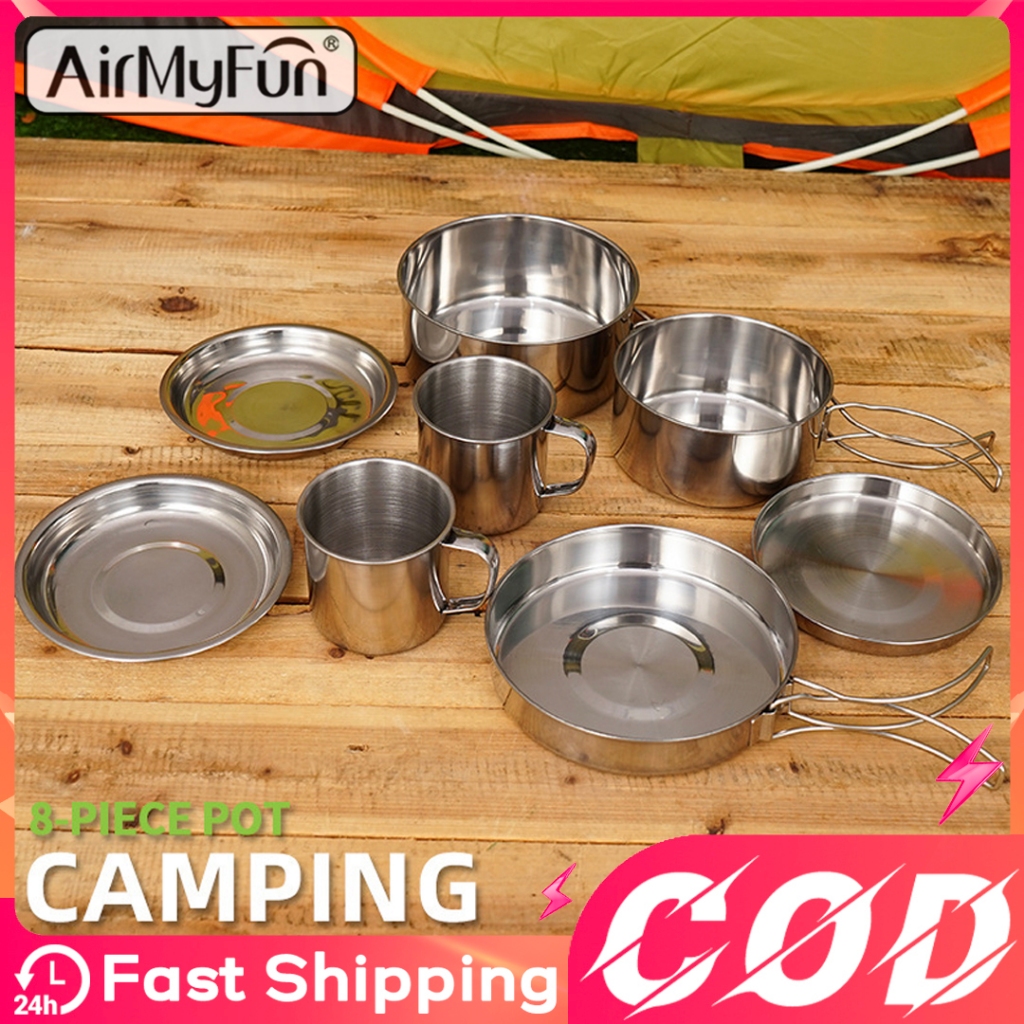 8 PCS Stainless Steel Camping Cookware Set Outdoor Portable Travel ...