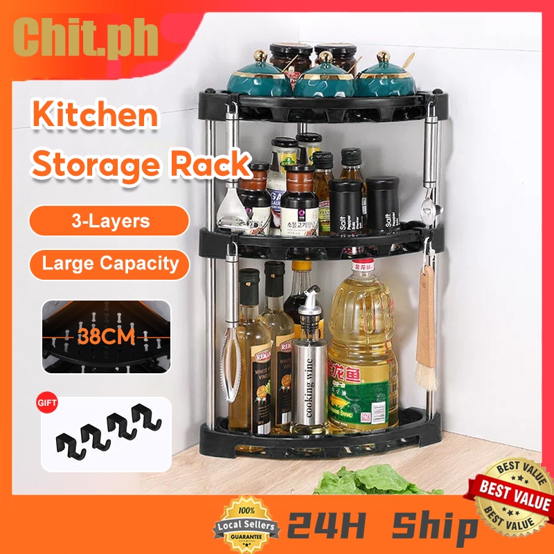 CHIT 3-layers Detachable Corner Kitchen Storage Rack With Hooks For ...