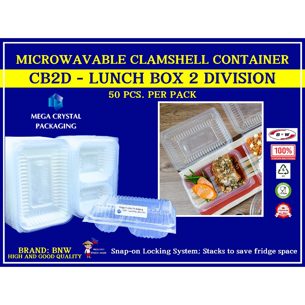 [ 50 Pcs ] Microwavable Plastic Clamshell Containers CB2D Lunch Box 2 ...