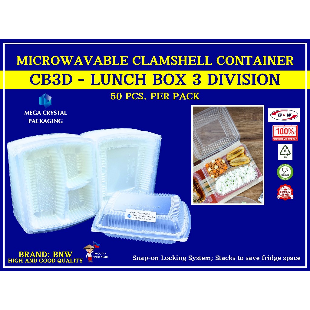 [ 50 Pcs ] Microwavable Plastic Clamshell Containers CB3 - Lunch Box 3 ...