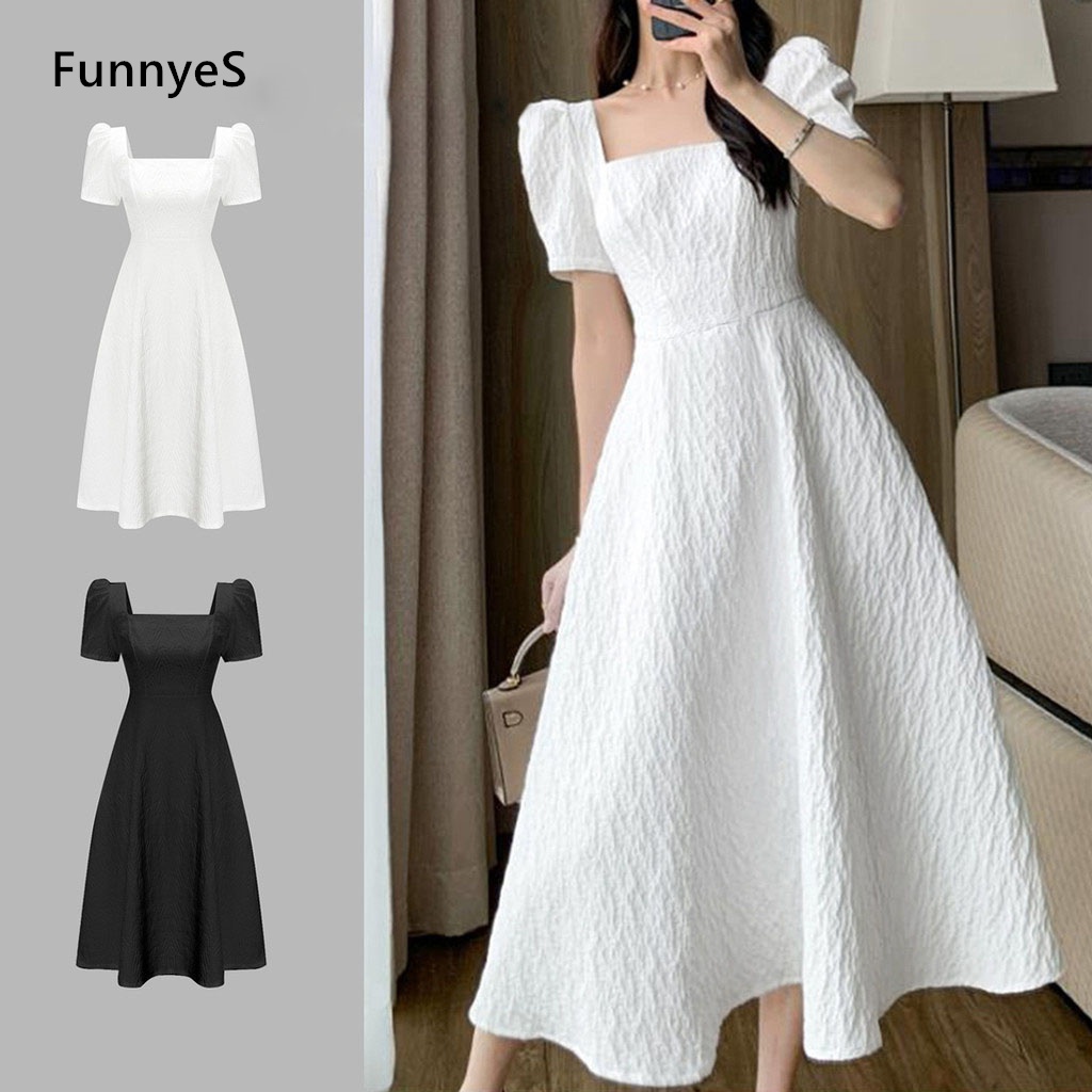 Women Elegant Plain Puff Sleeve Square Neck Dress Basic Slim Fit A Line ...